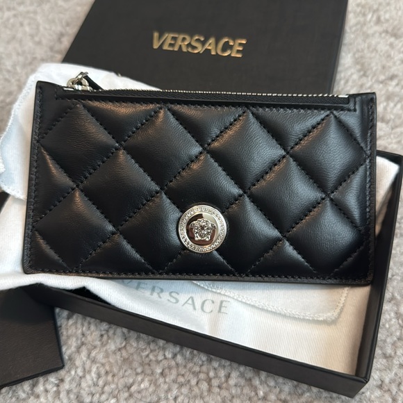 Versace | Bags | Versace Quilted Lamb Leather Zipper Card Case | Poshmark
